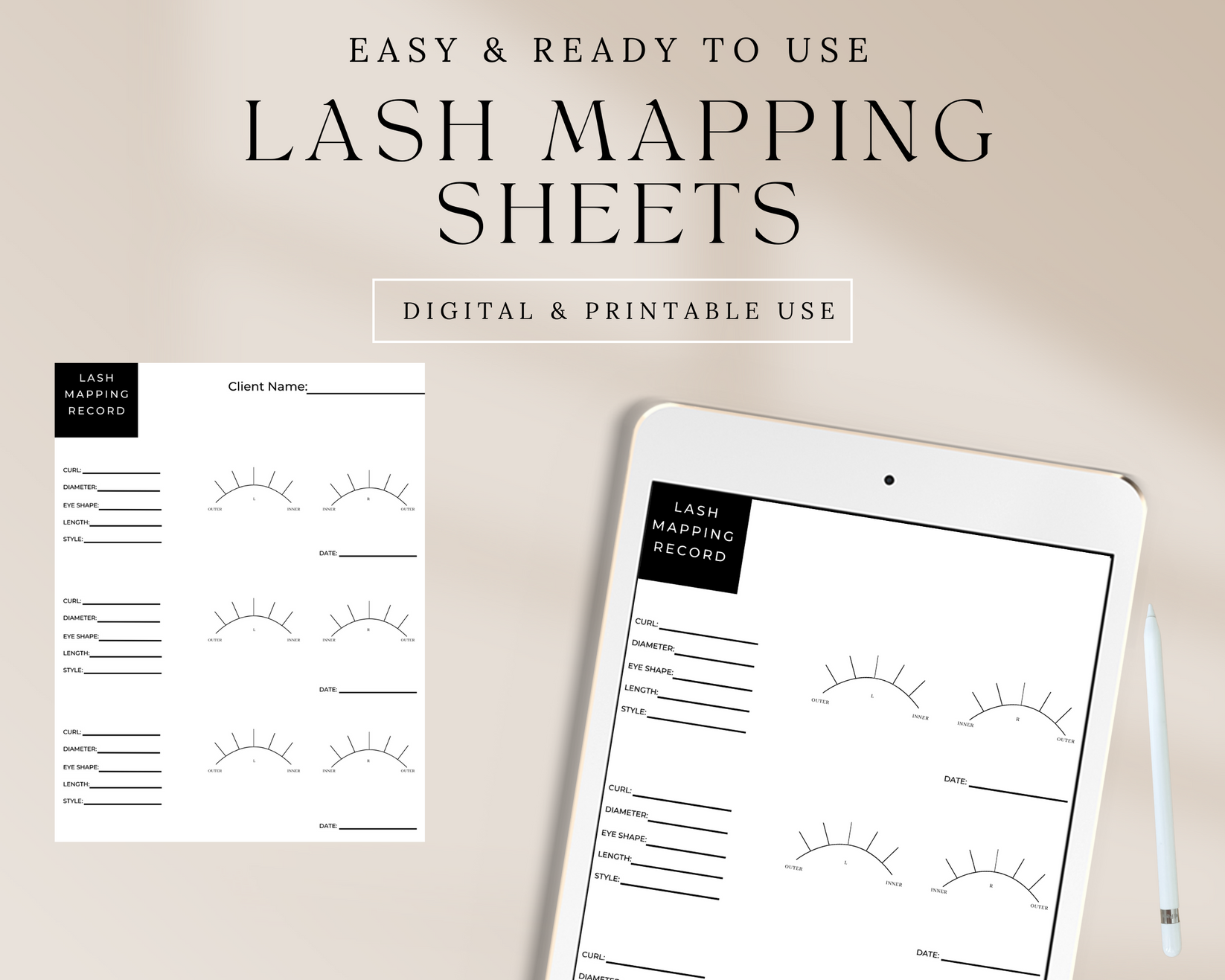 Lash Mapping Record Sheets, Digital and Printable Use, Record Custom L ...